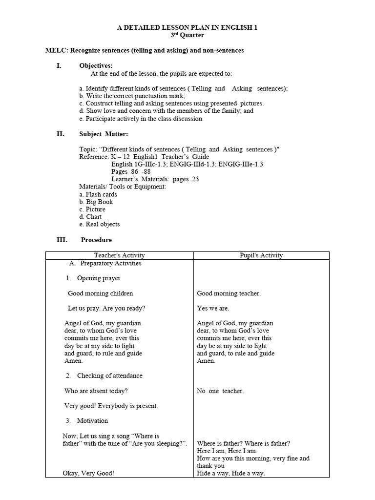 Lesson Plan: Telling & Asking Sentences | PDF