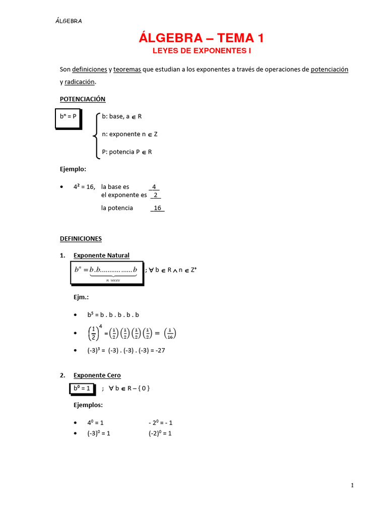 Leyes de Exponentes en Álgebra | PDF | Exponenciación | Conceptos ...