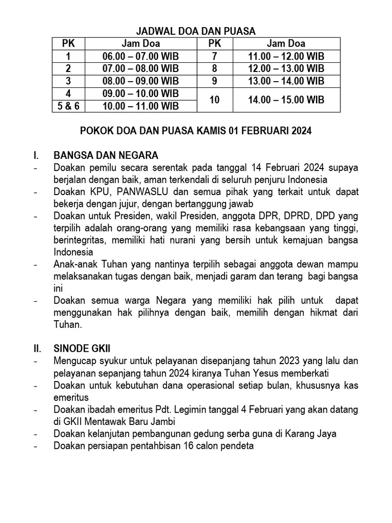 Pokok Doa Dan Puasa Kamis 01 Februari 2024 | PDF