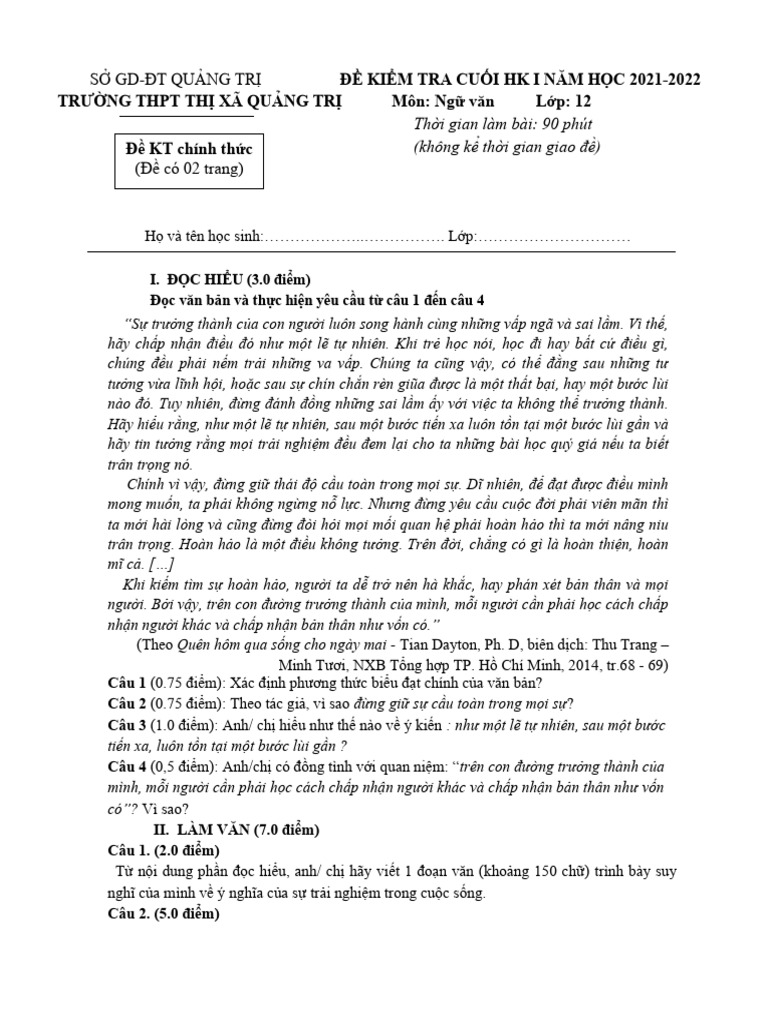 De Kiem Tra Cuoi Hoc Ki 1 Ngu Van 12 Nam 2021 2022 Truong THPT Thi Xa Quang Tri | PDF