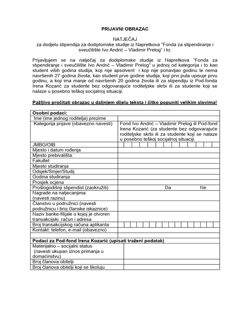 Prijavni Obrazac Za Stpendije 2023 2024 1 1 1 | PDF