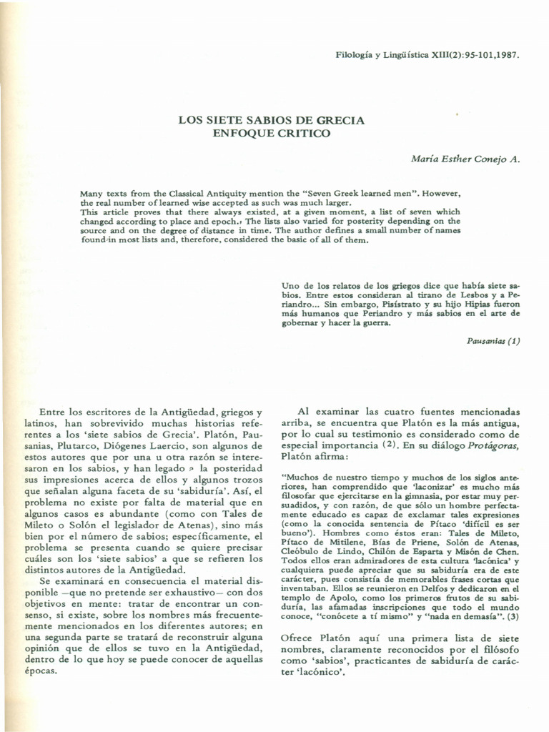 Los Siete Sabios de Grecia: Análisis Crítico | PDF | Platón | Antigua ...