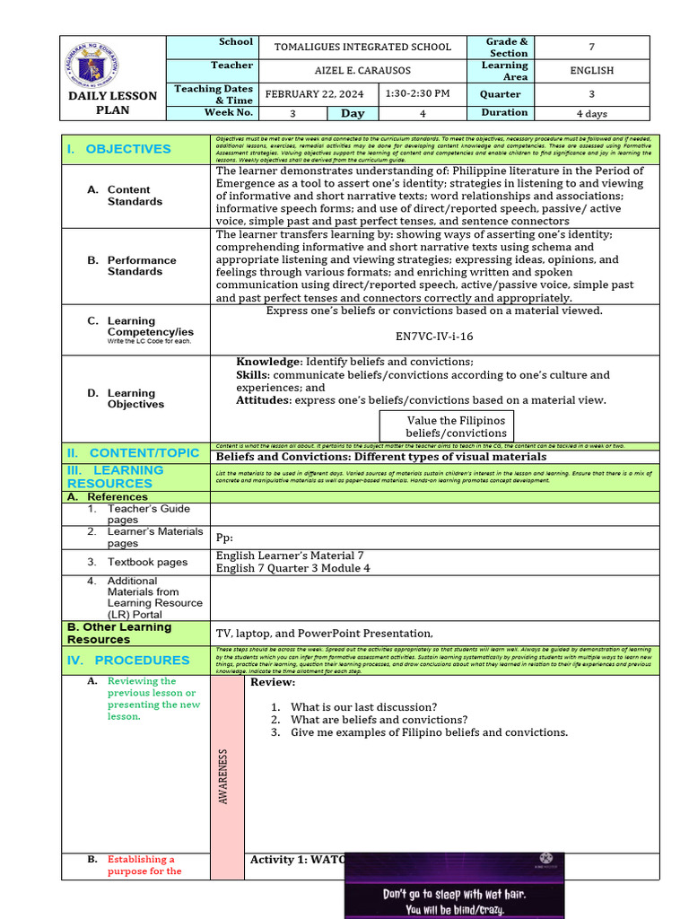 ENGLISH 7 - Different Types of Visual Materials | PDF | Learning | Teachers