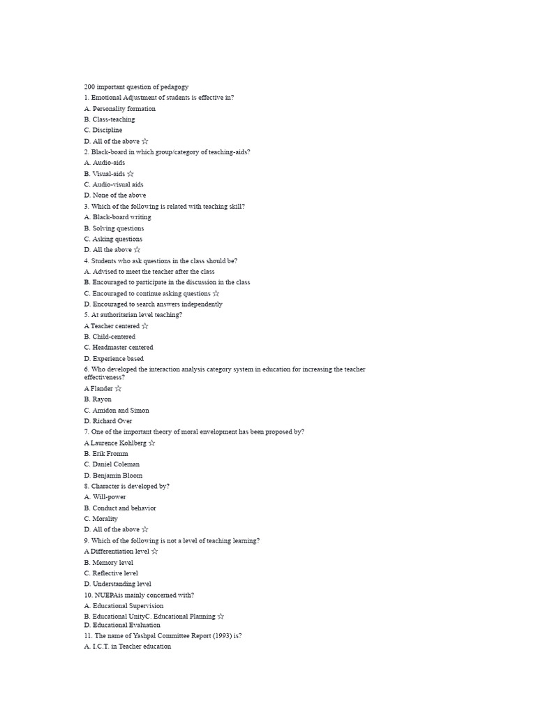 Key Pedagogy Questions and Answers | PDF | Educational Assessment ...