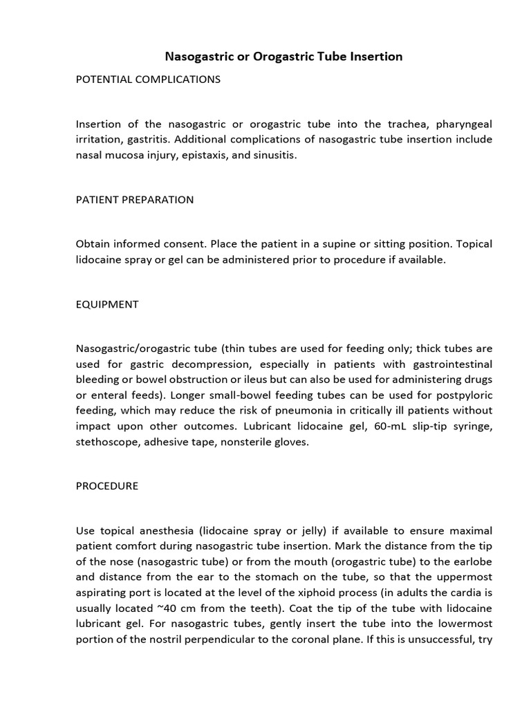 Nasogastric or Orogastric Tube Insertion | PDF | Medical Specialties ...