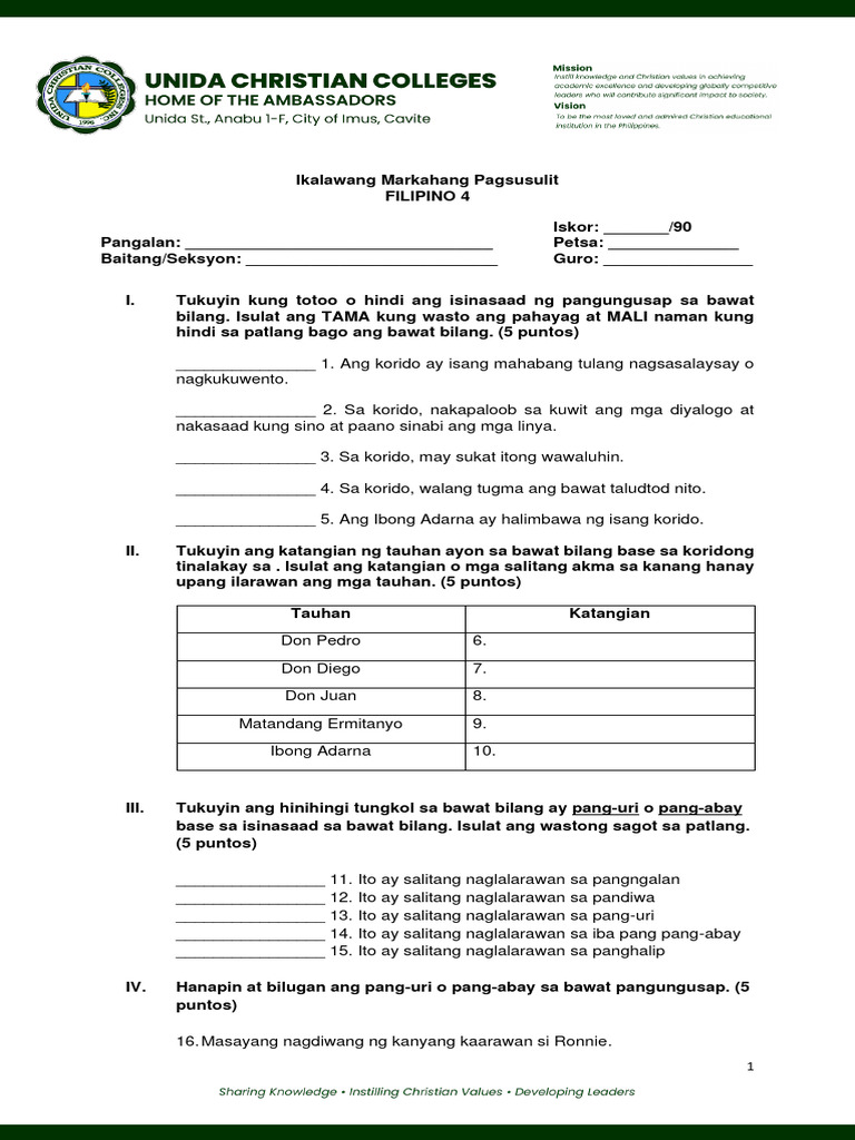 Ikalawang Markahang Pagsusulit-Filipino 4 | PDF