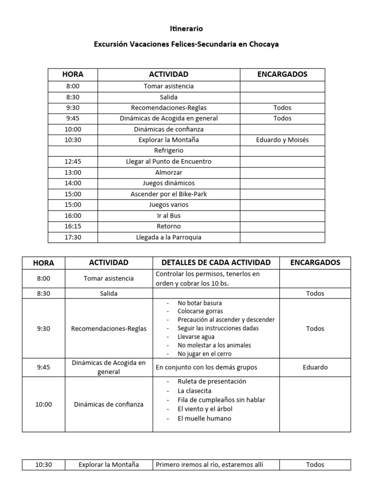Itinerario de Excursión - VVFF - CHOCAYA - Secundaria | PDF