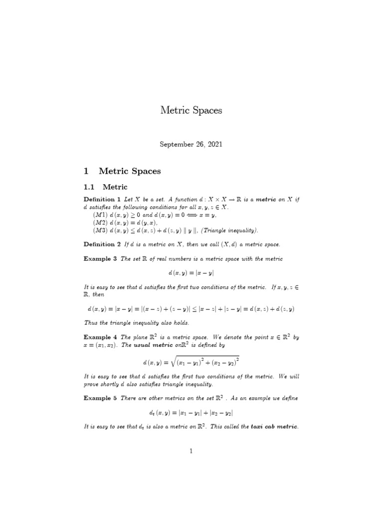 Lecture - 01 - Basic Concepts About Metric Spaces and Examples | PDF | Continuous Function ...