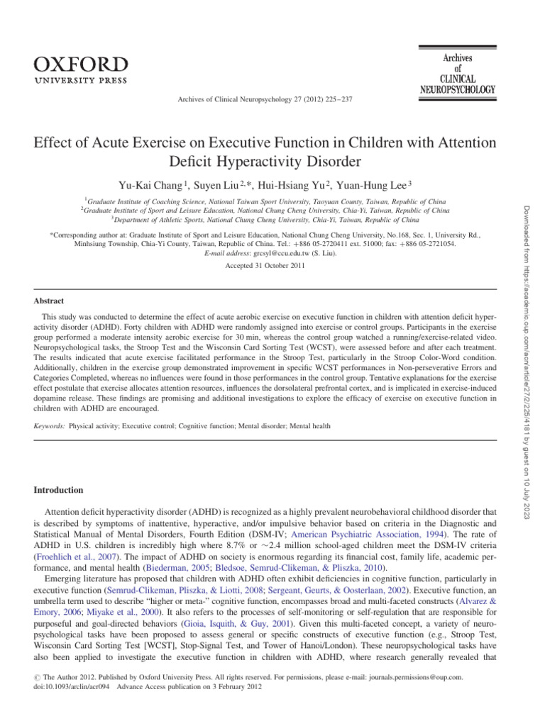 Effect of Acute Exercise On Executive Function in Children With ...