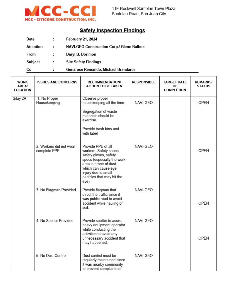 Safety Inspection Findings | Download Free PDF | Personal Protective ...