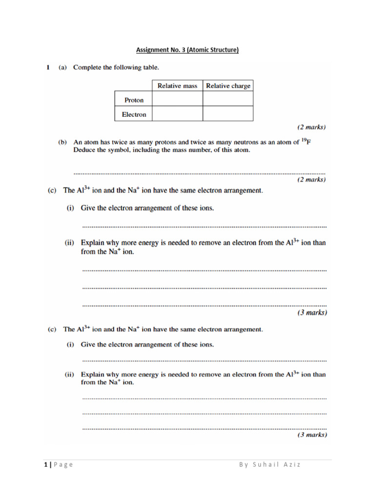 Assignment No.3 Atomic Structure) | PDF | Chemical Elements | Isotope