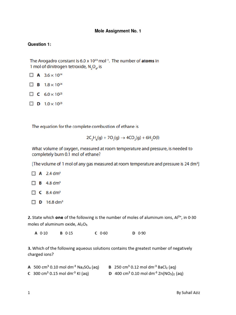 Mole Assignment No. 1 | PDF | Mole (Unit) | Acid Mole Assignment No. 1 | PDF | Mole (Unit) | Acid