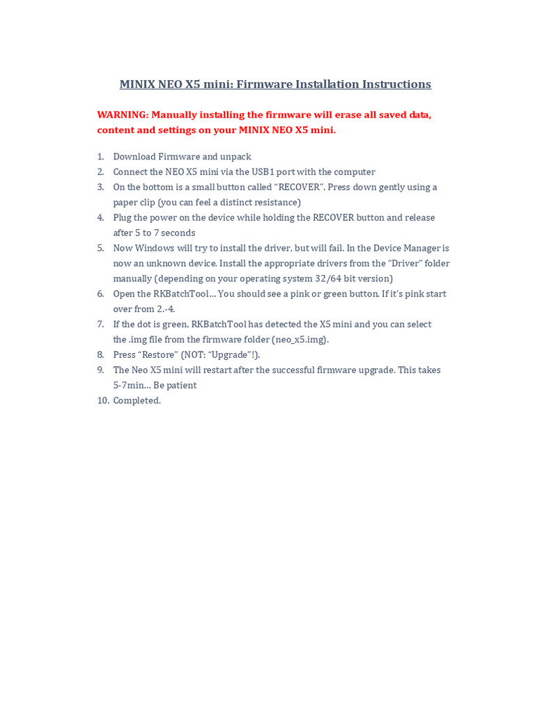 MINIX NEO X5 Mini - Firmware Installation Instructions | PDF | Games & Activities | Computers