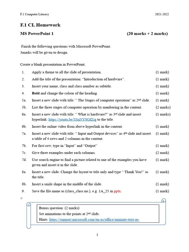 F.1 Computer Literacy PowerPoint Tasks | PDF | Microsoft Power Point | Computer Engineering