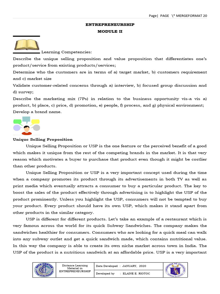 Entrepreneurship Module 2 | PDF | Sales | Pricing