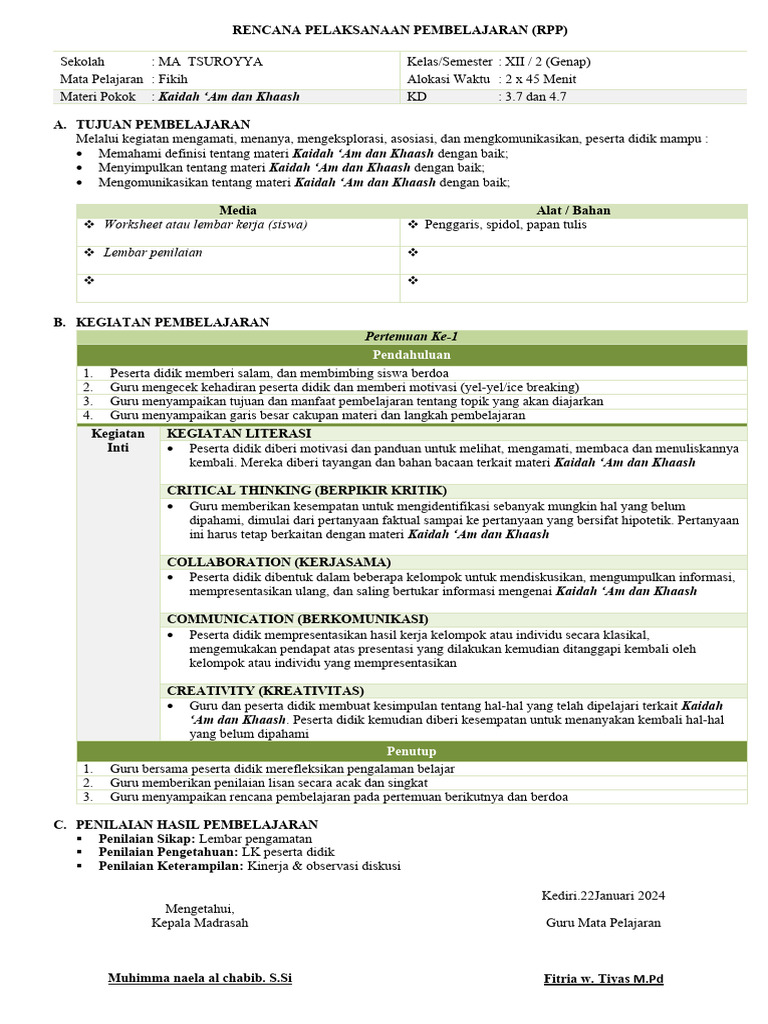 RPP Fiqih Kelas 12 Semester 2 | PDF | Karier & Perkembangan | Sains & Matematika