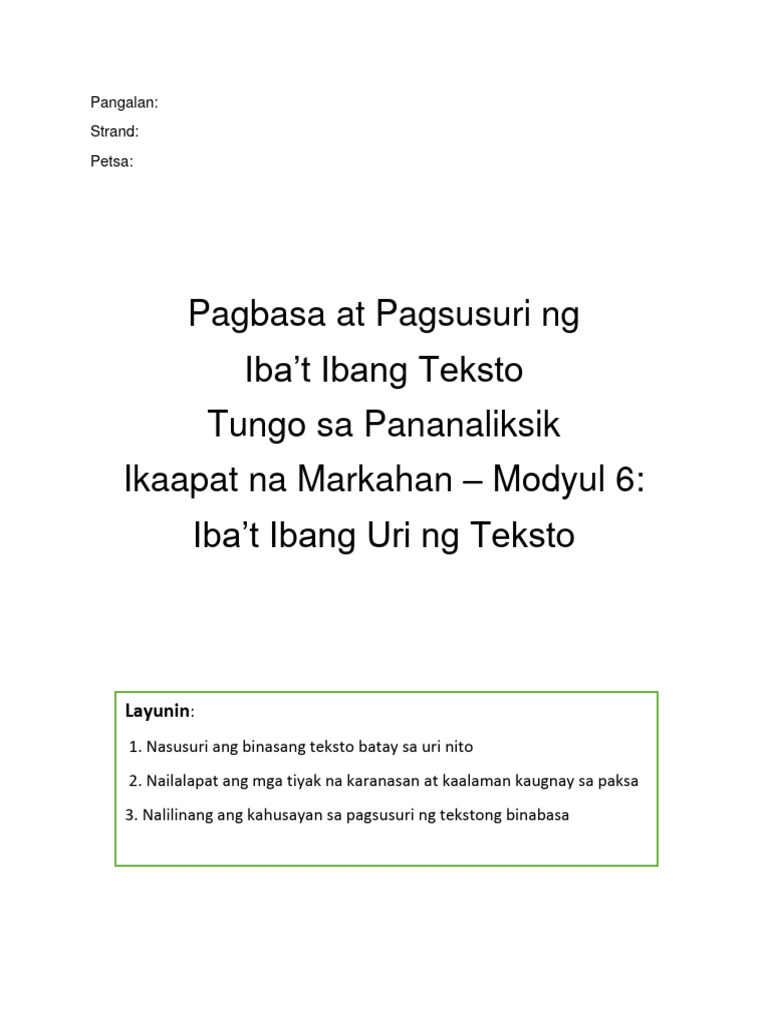 Modyul 6 Pagbasa at Pagsusuri | PDF