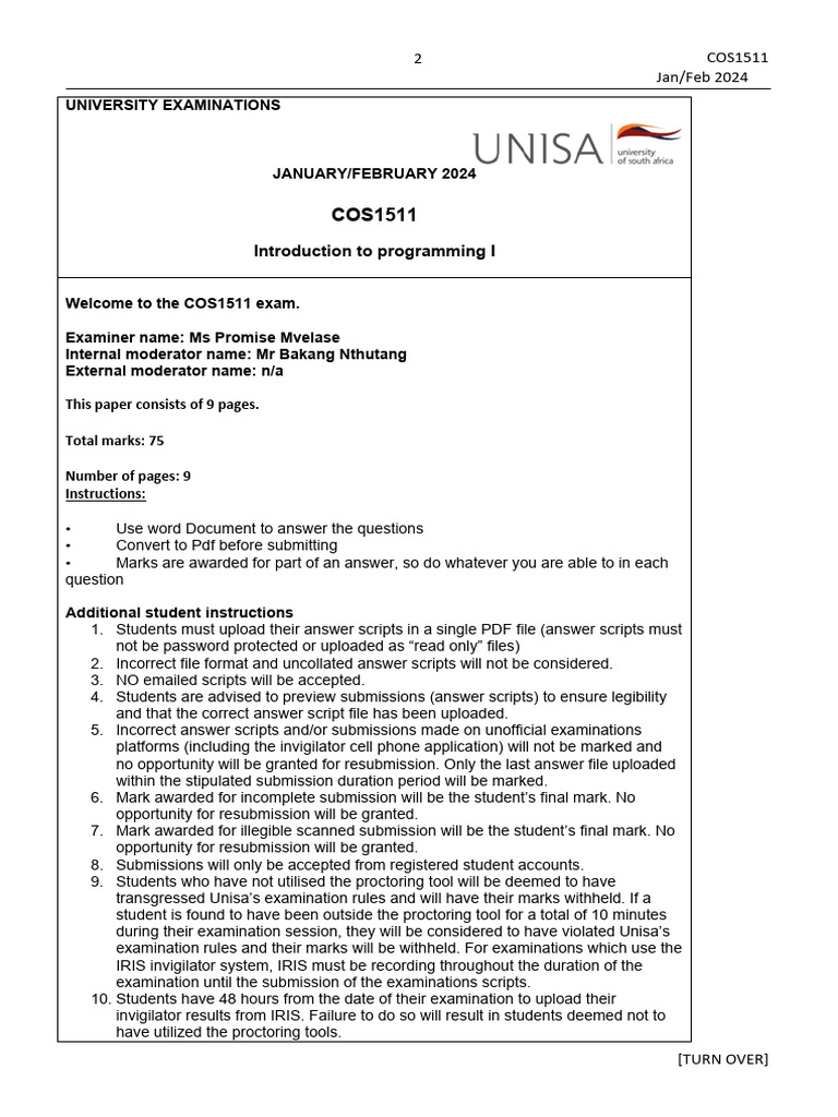 Cos1511 Jan-Feb 2024 Exam | PDF | Parameter (Computer Programming) | String (Computer Science)