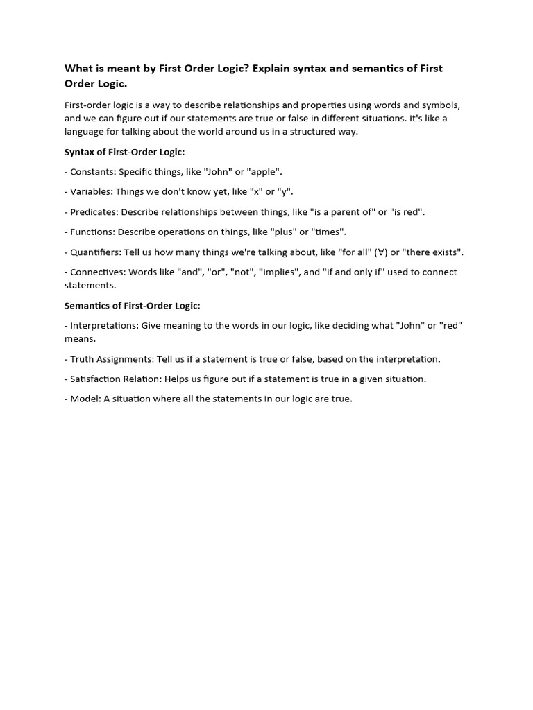 Ai Unit 4 Pdf First Order Logic Interpretation Logic