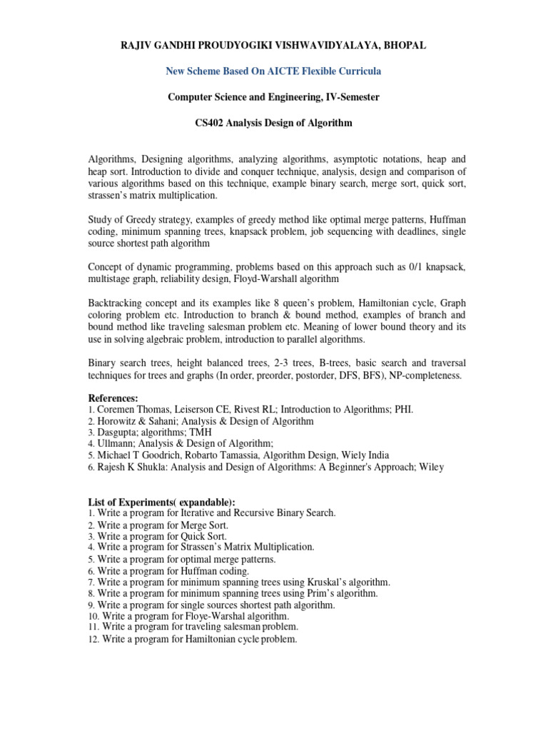 CS-402 Analysis Design of Algorithm | PDF