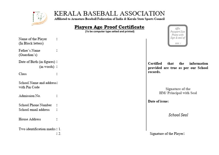 Baseball Age Proof Eligibility Certificate | PDF