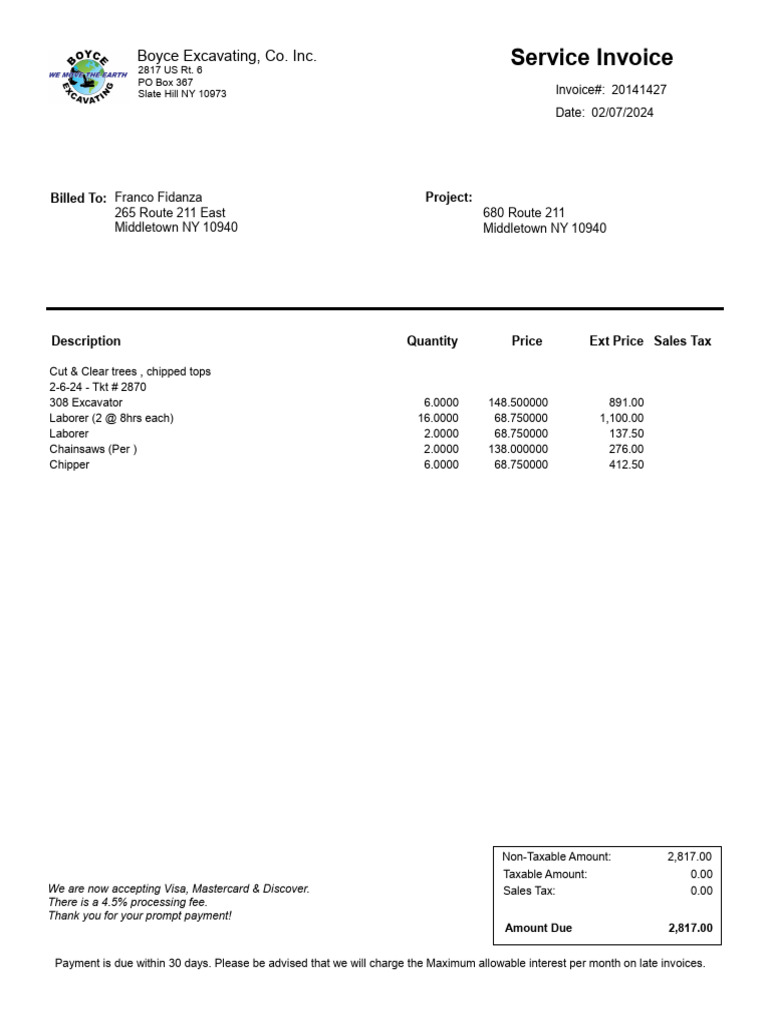 Service Invoice: Boyce Excavating, Co. Inc | PDF