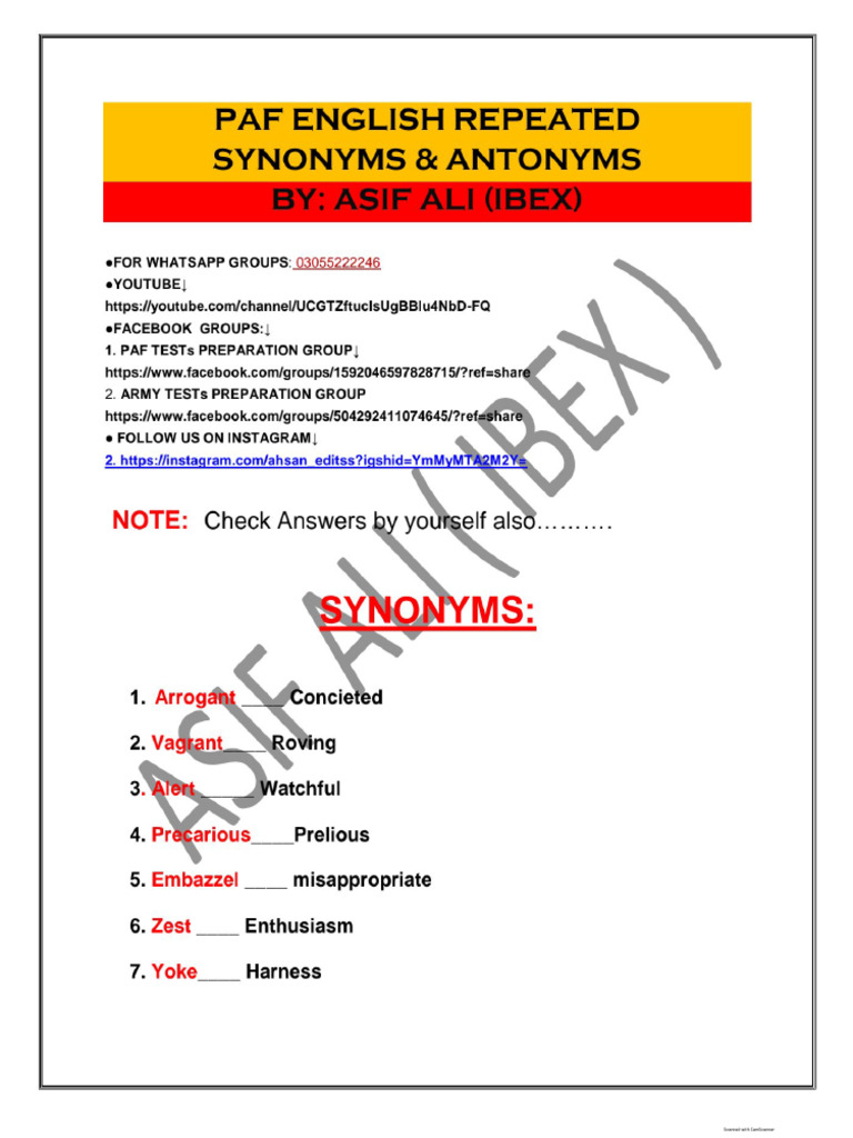 Paf Repeated Synonyms & Antonym by Asif Ali | PDF
