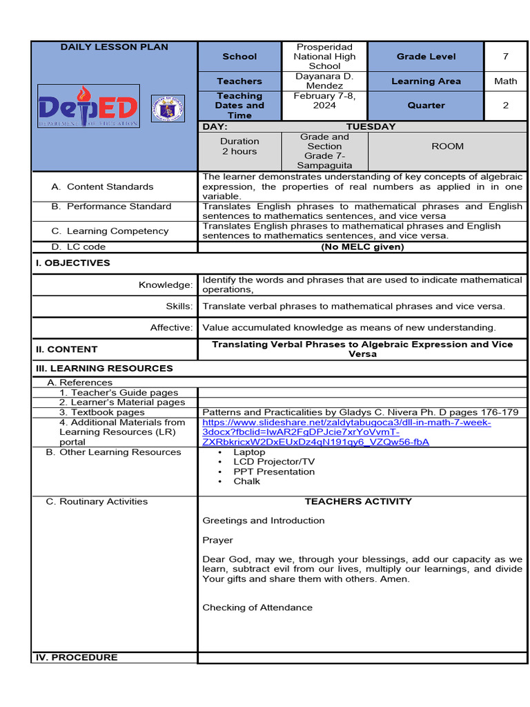 SDLP Week 3 Session 3 Quarter 2 Math 7 | PDF | Mathematics | Numbers