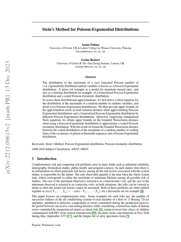 Stein's Method For Poisson-Exponential Distributions | PDF | Probability Distribution ...