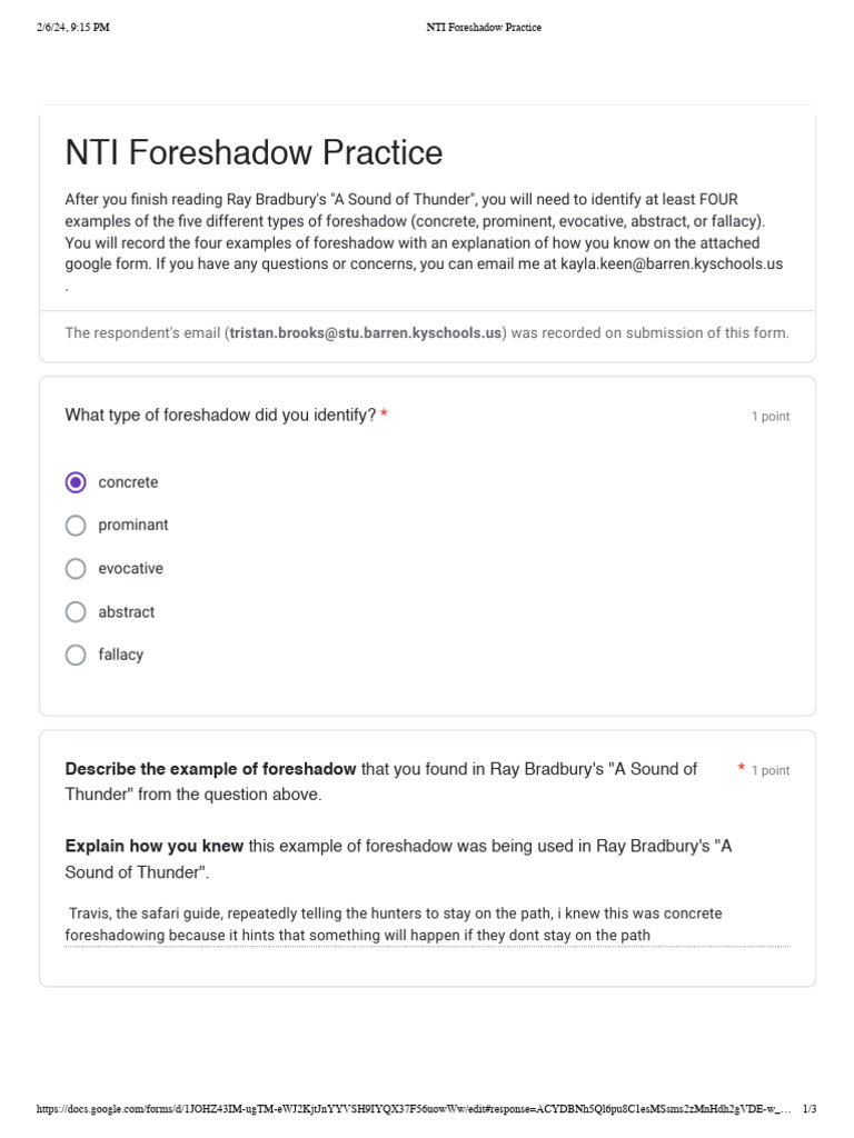 NTI Foreshadow Practice - Google Forms (3rd Block) | PDF | Philosophy | Language Arts & Discipline
