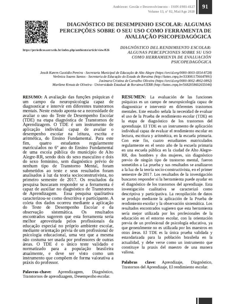 Diagnóstico TDE | PDF | Psicología Educacional | Cognición