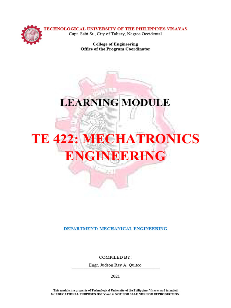 TE 422 Mechatronics Engineering Module Week 6 To 8 | PDF | Electric Motor | Logic Gate
