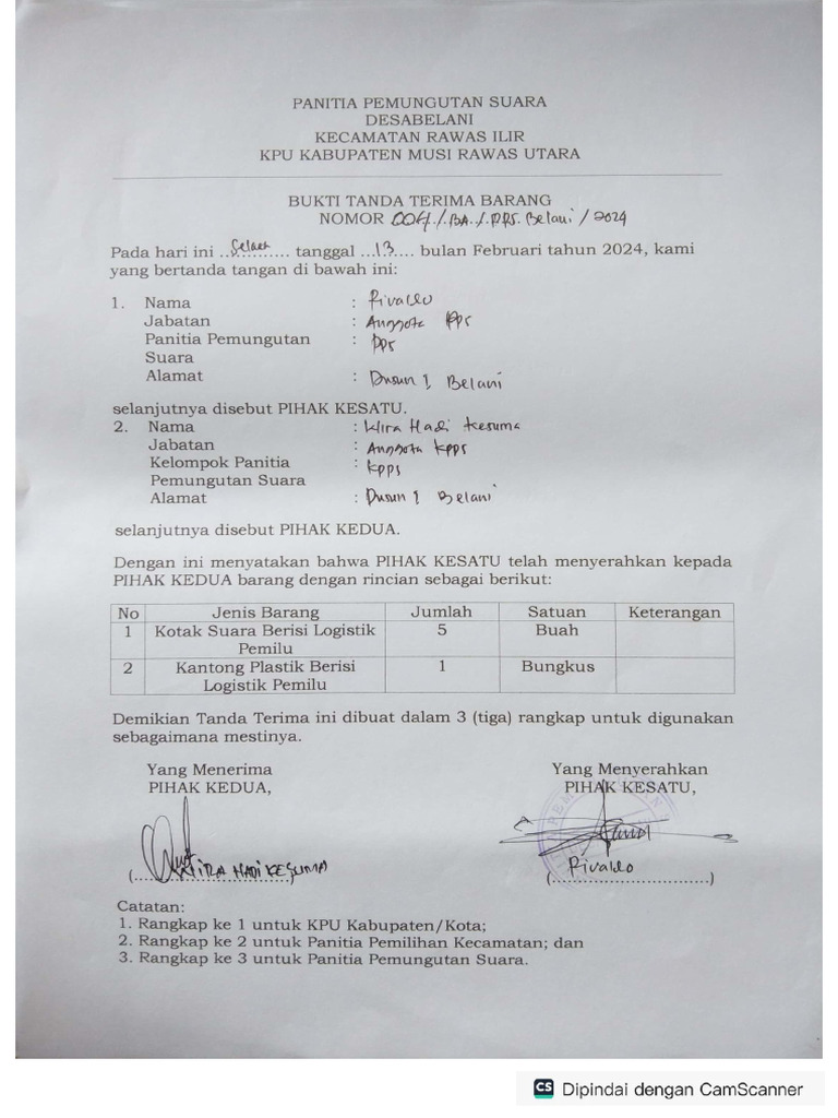 Bukti Tanda Terima Logistik TPS 03 Belani | PDF