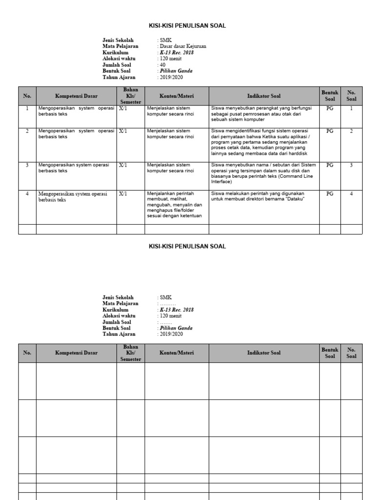 Format Kisi-Kisi Soal | PDF | Komputer