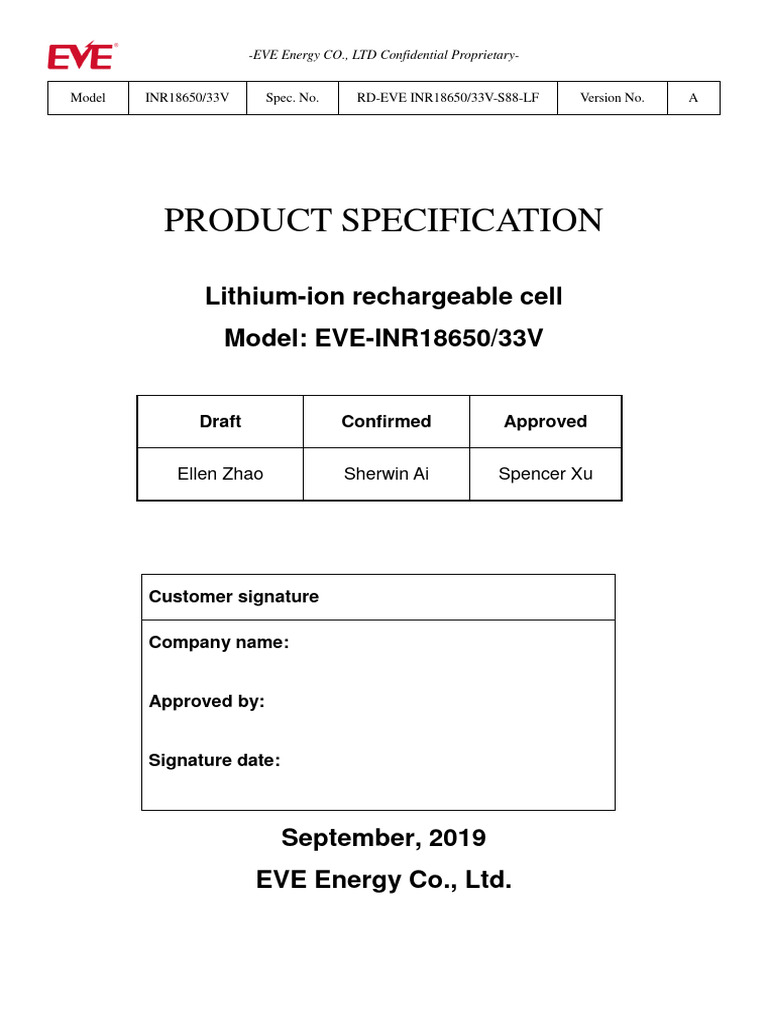 1 - 《EVE INR18650 33V 规格书》RD EVE INR18650 33V S88 LF A版 | PDF