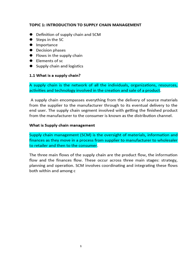 Topic 1 Intro To SCM | PDF | Supply Chain Management | Supply Chain