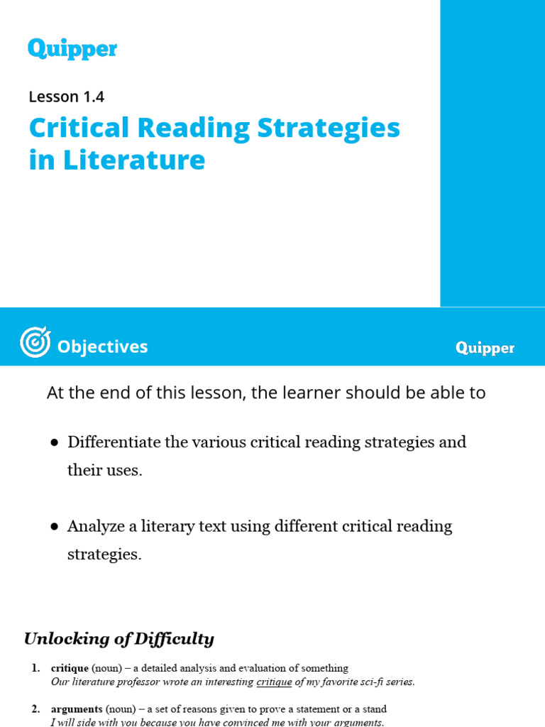 Lesson 1.4 Critical Reading Strategies in Literature | PDF | Argument ...