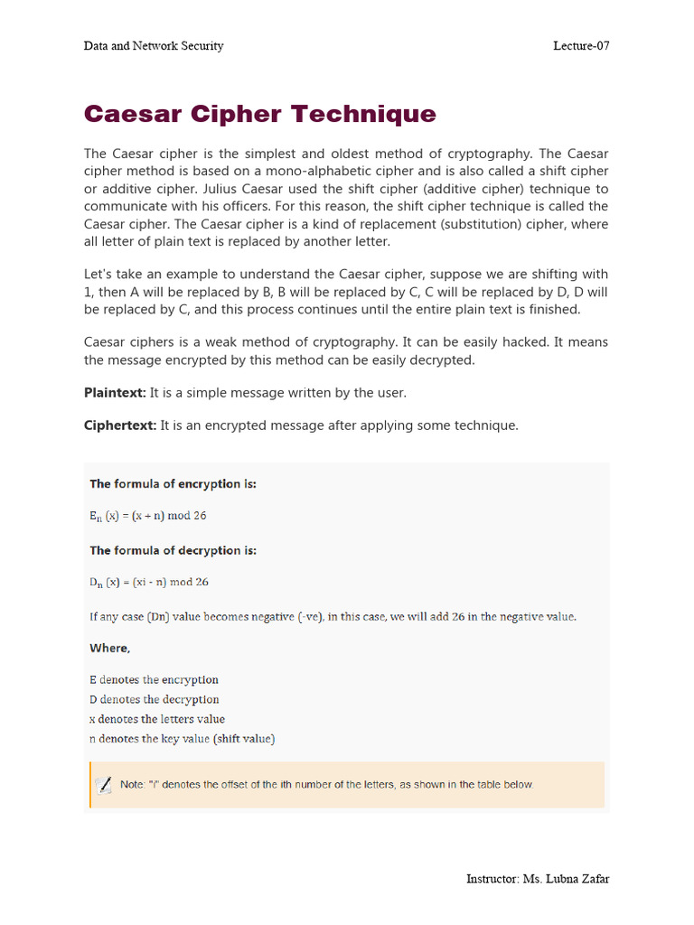 Lecture-07-Caesar Cipher | PDF | Encryption | Cryptography Lecture-07-Caesar Cipher | PDF | Encryption | Cryptography