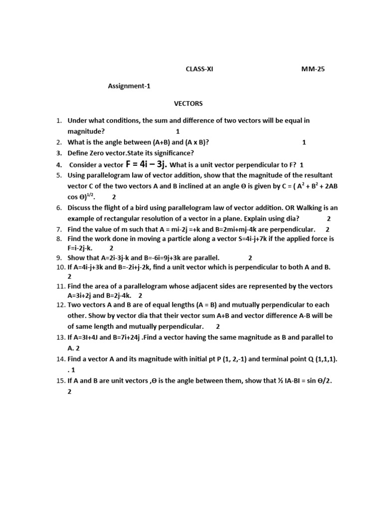 11 Physics Test Assignment Vectors | PDF