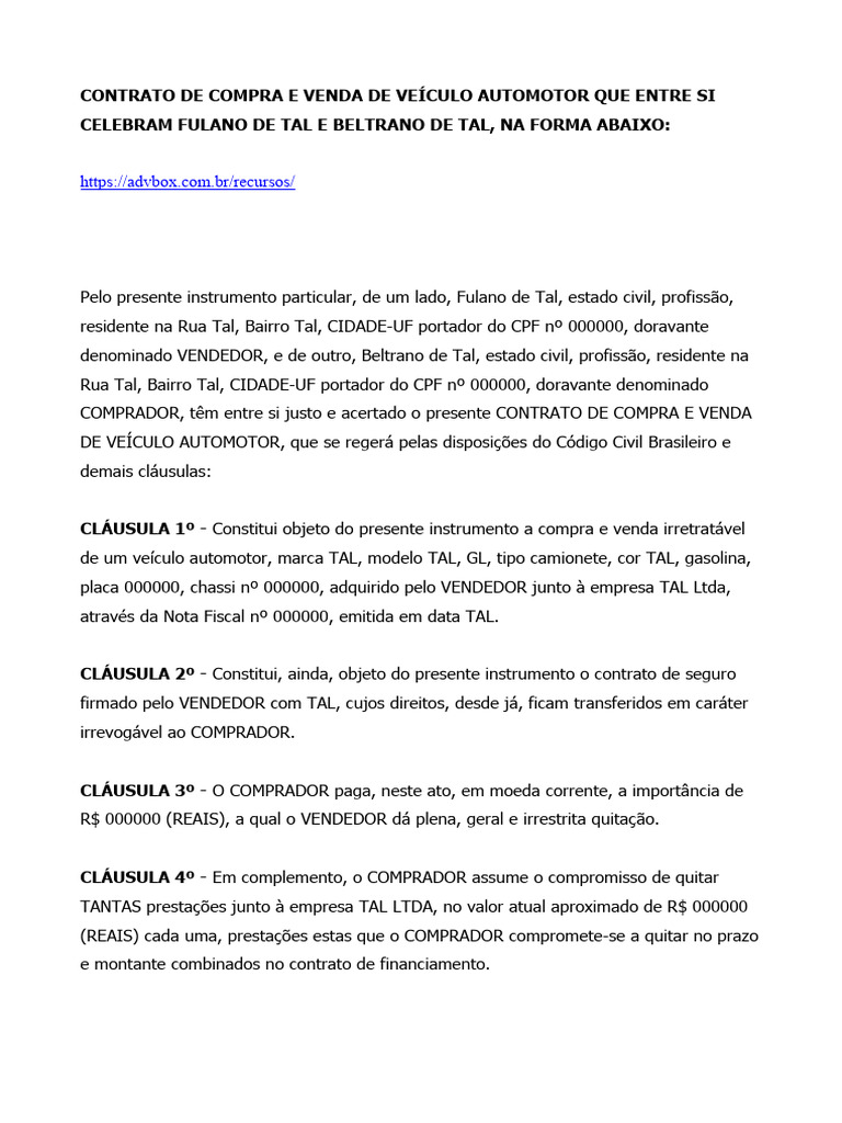 Modelo de Contrato de Compra e Venda de Veículo Automotor | PDF