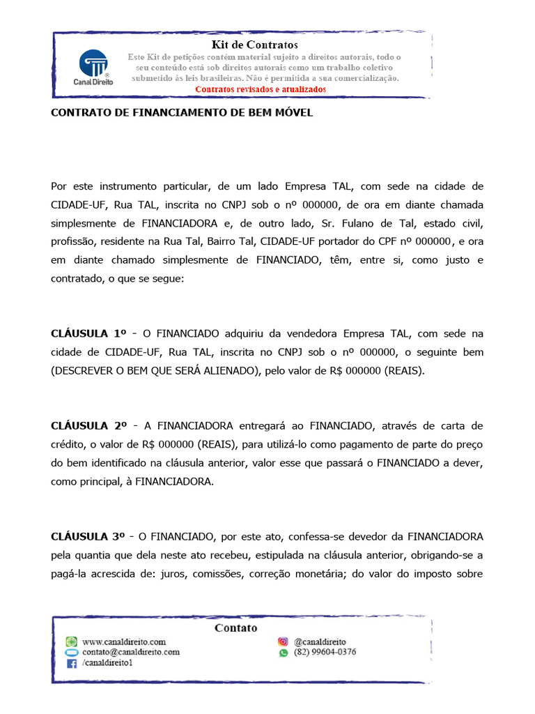 Modelo de Contrato de Financiamento de Bem Móvel | PDF | Nota promissória comercial ...