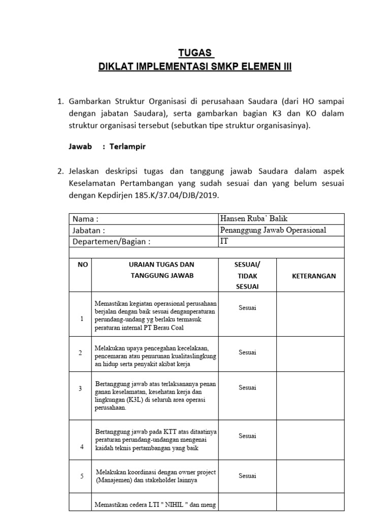 Tugas Diklat Implementasi SMKP Elemen III | PDF