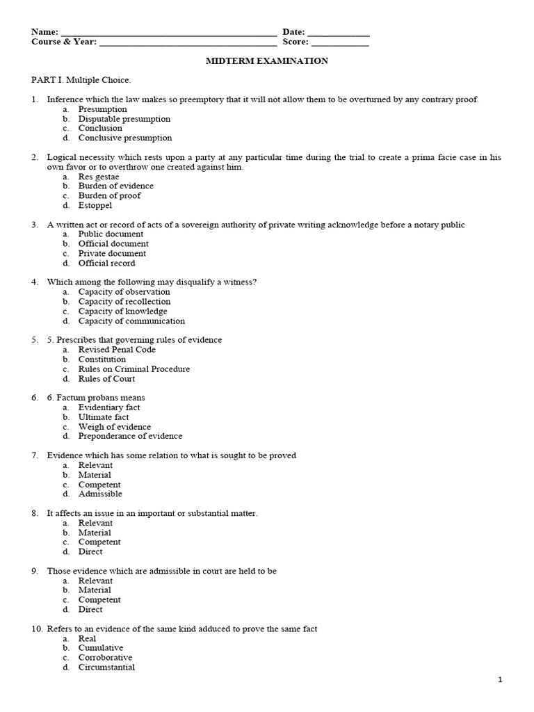 Evidence - MIDTERM EXAMINATION | PDF | Evidence (Law) | Burden Of Proof ...