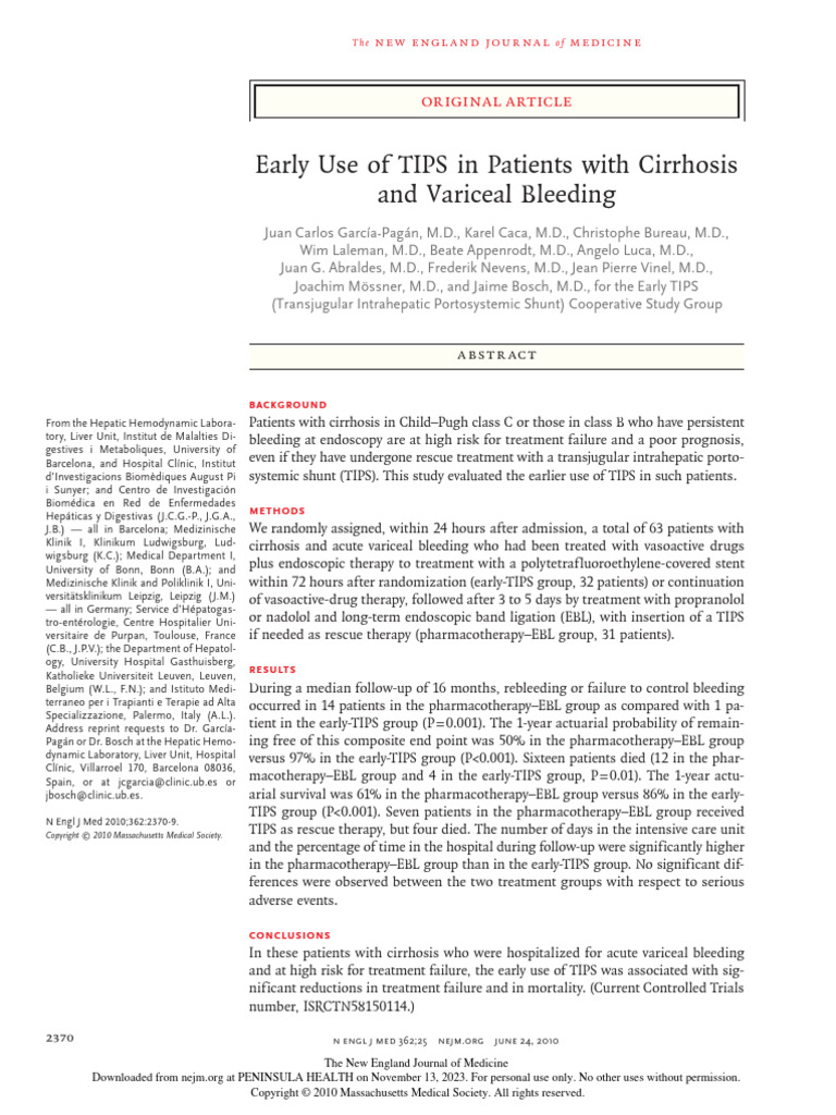 Early Use of TIPS in Cirrhosis and Variceal Bleeding | PDF | Cirrhosis ...