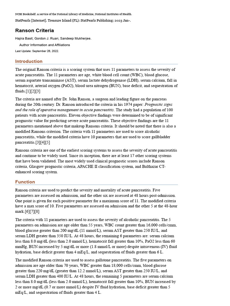Ranson Criteria - StatPearls - NCBI Bookshelf | PDF | Health Care ...