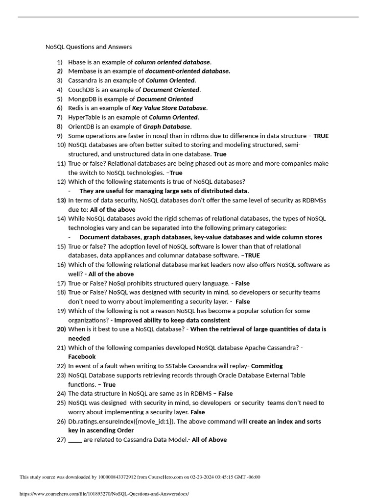 Nosql Questions And Answers Pdf No Sql Relational Database