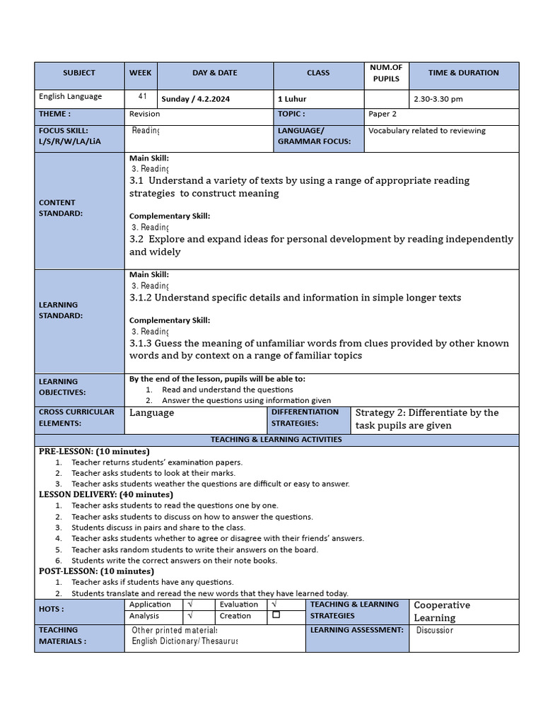 RPH Week 41 Revision | PDF | Teachers | English Language