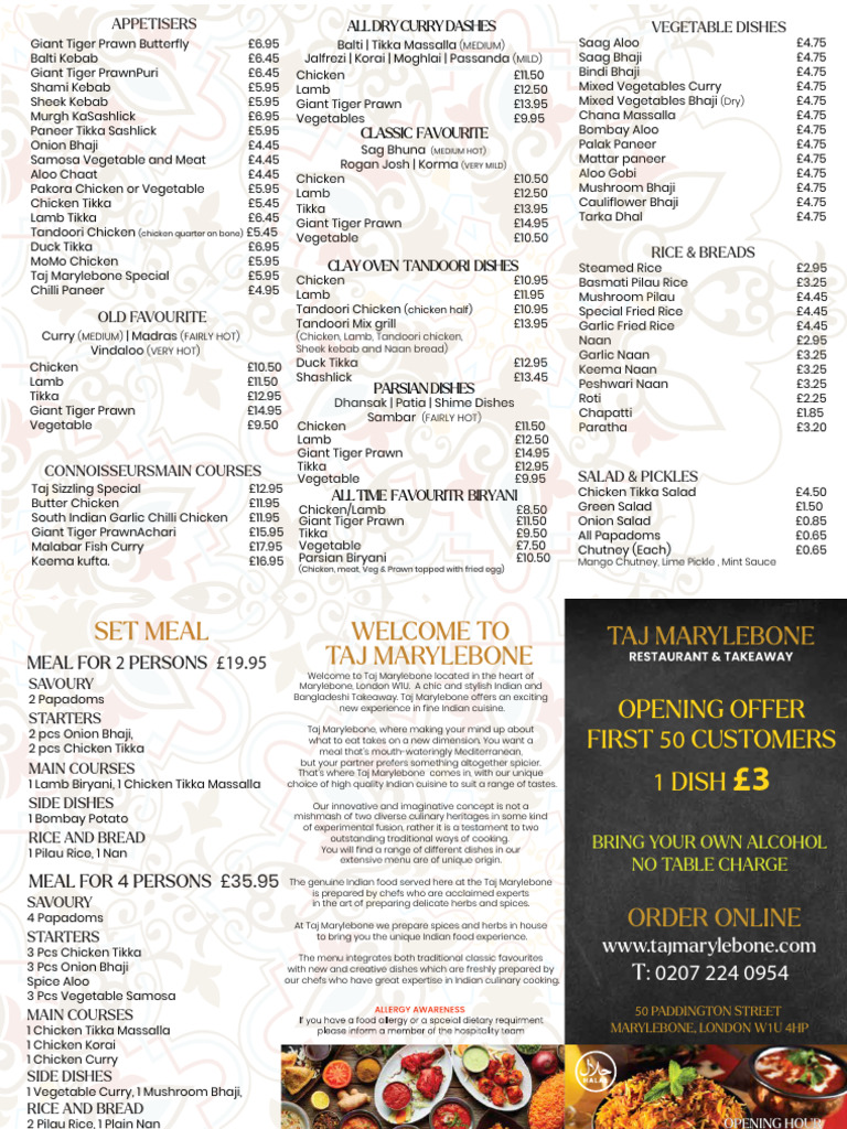 Taj Marylebone A4 Folded Menu - EV | PDF | Indian Cuisine | Curry