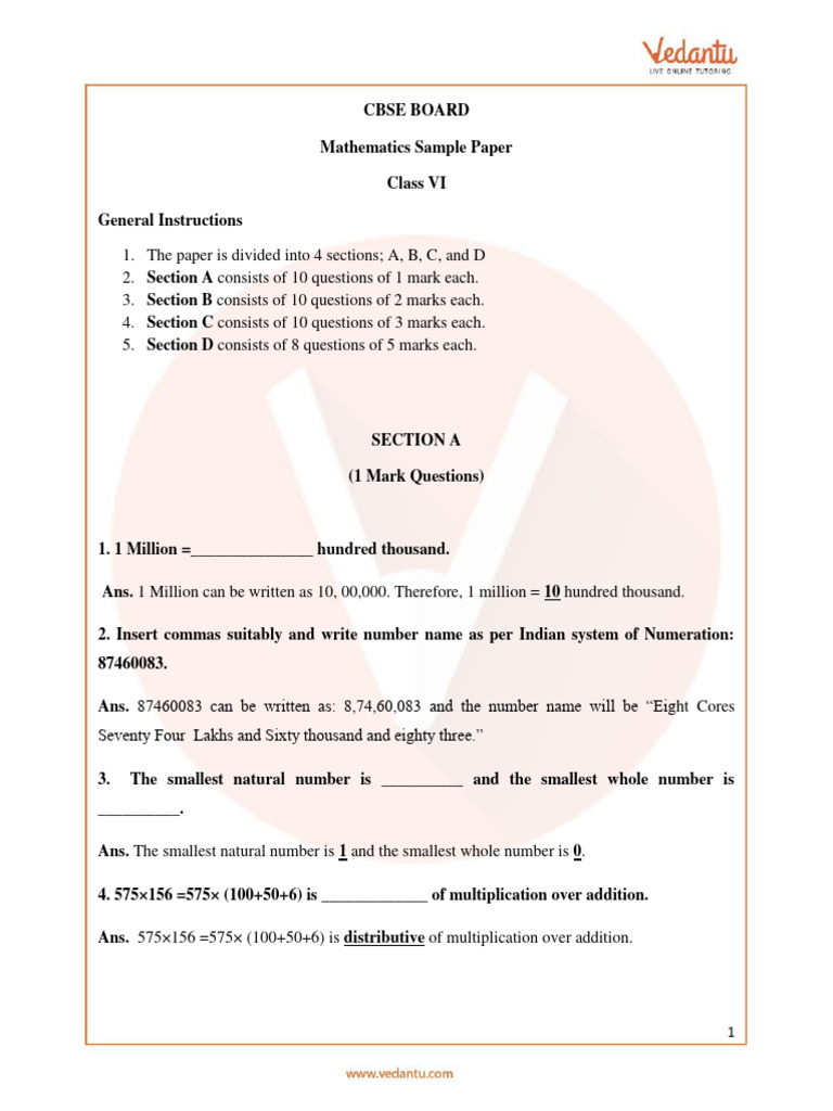 CBSE Sample Paper For Class 6 Maths With Solutions - Mock Paper-1 | PDF | Numbers | Prime Number