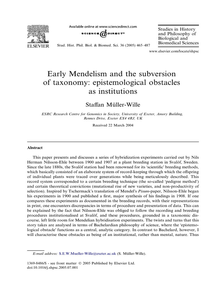 Early Mendelism and The Subversion of Taxonomy - Epistemological Obstacles As Institutions | PDF